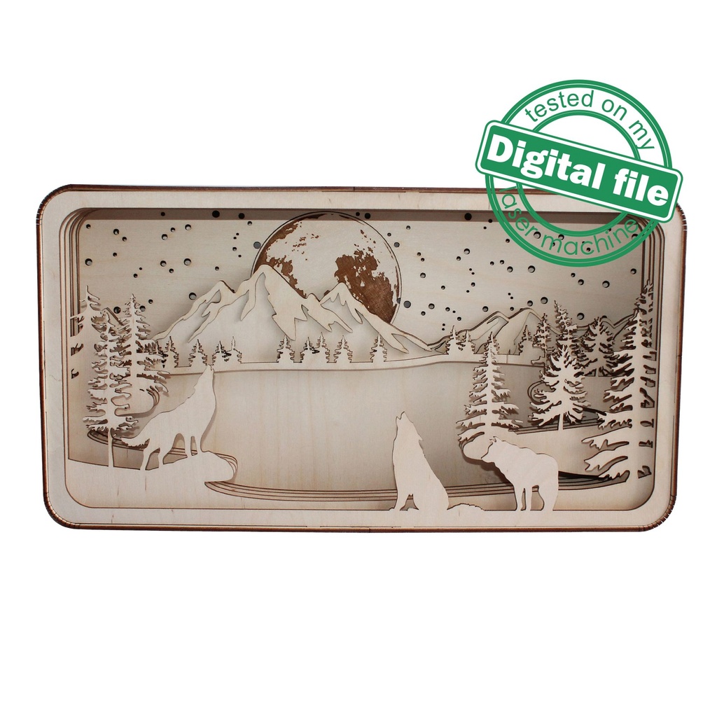 DXF, SVG files for laser Shadow Box Three Howling Wolves, Lake ...