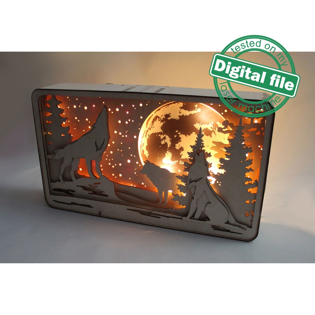 DXF, SVG files for laser Shadow Box Three Howling Wolves, Glowing Moon ...